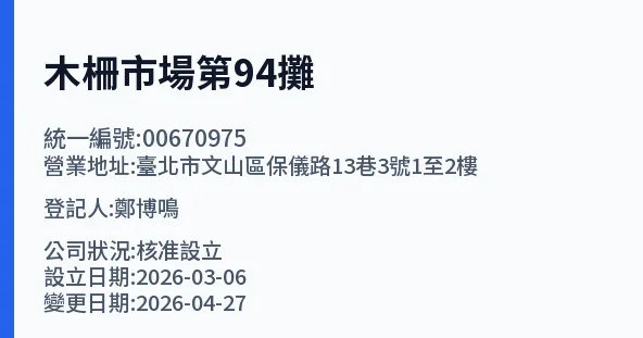 木柵市場第94攤的照片-統編 00670975(臺北市) 公司登記資料與營業項目詳細圖表