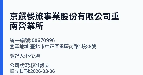 京饌餐旅事業股份有限公司重南營業所的照片-統編 00670996(臺北市) 公司登記資料與營業項目詳細圖表