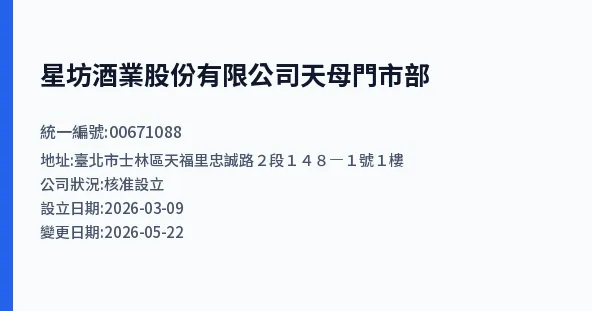 星坊酒業股份有限公司天母門市部的照片-統編 00671088(臺北市) 公司登記資料與營業項目詳細圖表