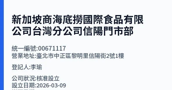 新加坡商海底撈國際食品有限公司台灣分公司信陽門市部的照片-統編 00671117(臺北市) 公司登記資料與營業項目詳細圖表
