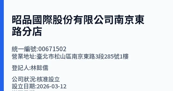 昭品國際股份有限公司南京東路分店的照片-統編 00671502(臺北市) 公司登記資料與營業項目詳細圖表