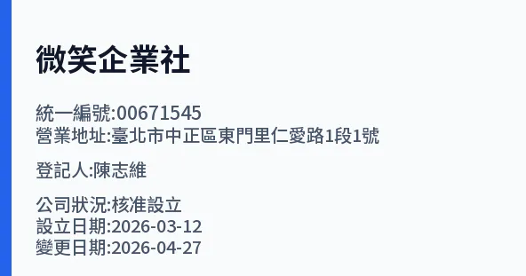 微笑企業社的照片-統編 00671545(臺北市) 公司登記資料與營業項目詳細圖表