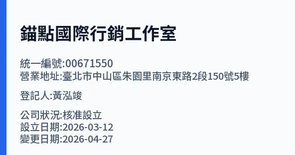 錨點國際行銷工作室的照片-統編 00671550(臺北市) 公司登記資料與營業項目詳細圖表