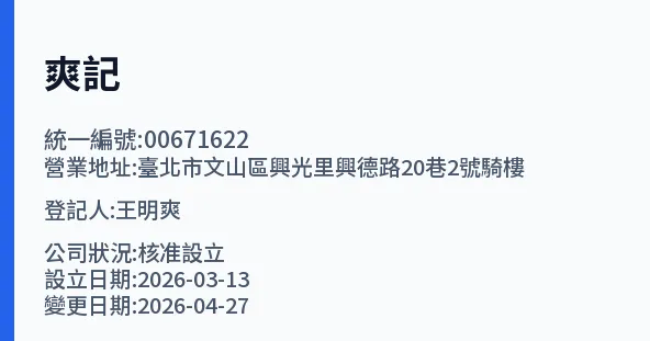 爽記的照片-統編 00671622(臺北市) 公司登記資料與營業項目詳細圖表