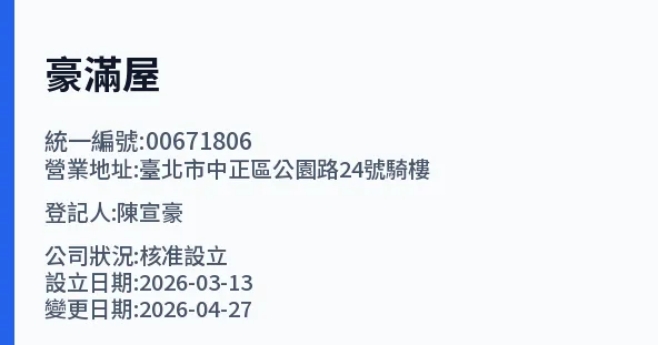 豪滿屋的照片-統編 00671806(臺北市) 公司登記資料與營業項目詳細圖表