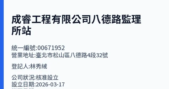 成睿工程有限公司八德路監理所站的照片-統編 00671952(臺北市) 公司登記資料與營業項目詳細圖表