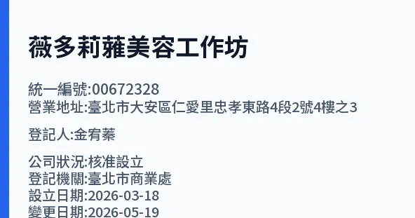 薇多莉蕥美容工作坊的照片-統編 00672328(臺北市) 公司登記資料與營業項目詳細圖表