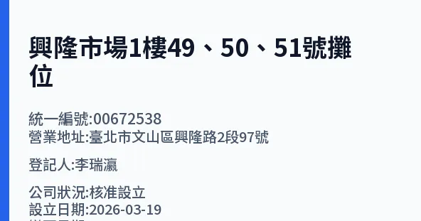 興隆市場1樓49、50、51號攤位的照片-統編 00672538(臺北市) 公司登記資料與營業項目詳細圖表