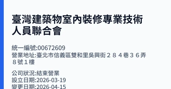 臺灣建築物室內裝修專業技術人員聯合會的照片-統編 00672609(臺北市) 公司登記資料與營業項目詳細圖表