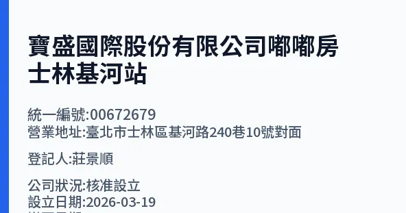 寶盛國際股份有限公司嘟嘟房士林基河站的照片-統編 00672679(臺北市) 公司登記資料與營業項目詳細圖表