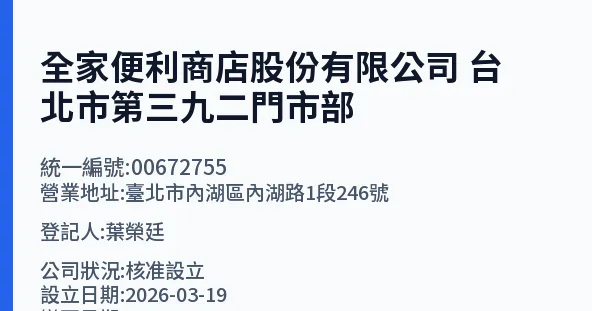 全家便利商店股份有限公司 台北市第三九二門市部的照片-統編 00672755(臺北市) 公司登記資料與營業項目詳細圖表