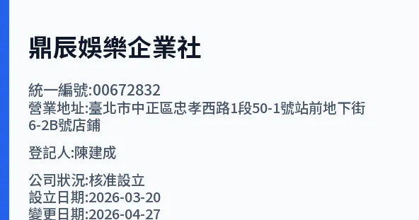 鼎辰娛樂企業社的照片-統編 00672832(臺北市) 公司登記資料與營業項目詳細圖表