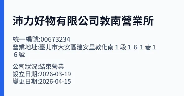 沛力好物有限公司敦南營業所的照片-統編 00673234(臺北市) 公司登記資料與營業項目詳細圖表