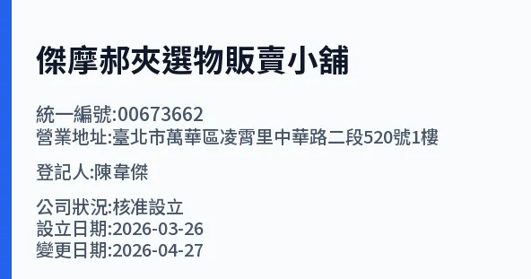 傑摩郝夾選物販賣小舖的照片-統編 00673662(臺北市) 公司登記資料與營業項目詳細圖表