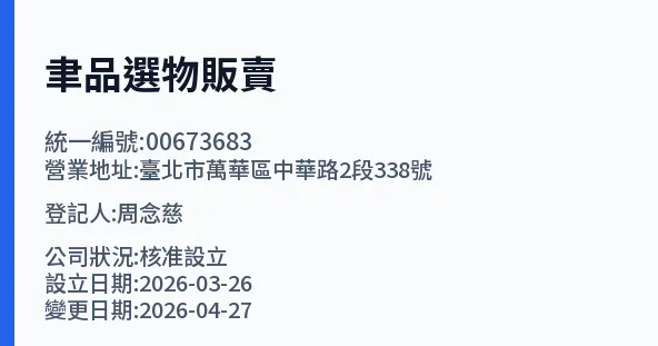 聿品選物販賣的照片-統編 00673683(臺北市) 公司登記資料與營業項目詳細圖表
