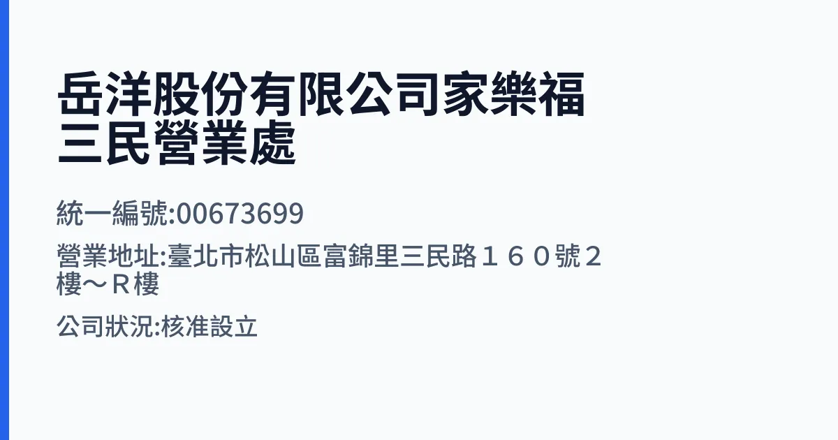 岳洋股份有限公司家樂福三民營業處 - 統編 00673699(臺北市) 公司登記資料與營業項目詳細圖表