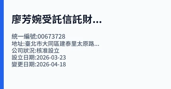 廖芳婉受託信託財產專戶的照片-統編 00673728(臺北市) 公司登記資料與營業項目詳細圖表