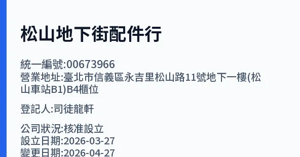 松山地下街配件行的照片-統編 00673966(臺北市) 公司登記資料與營業項目詳細圖表
