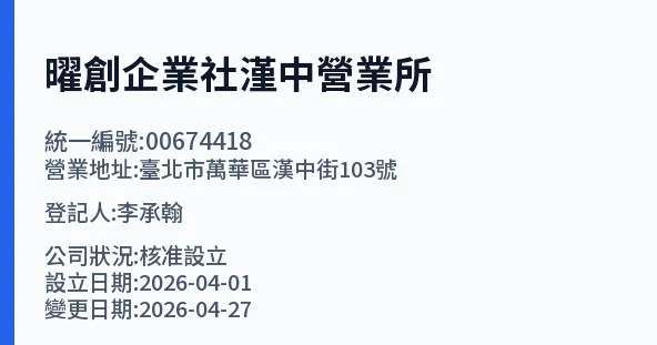 曜創企業社漌中營業所的照片-統編 00674418(臺北市) 公司登記資料與營業項目詳細圖表