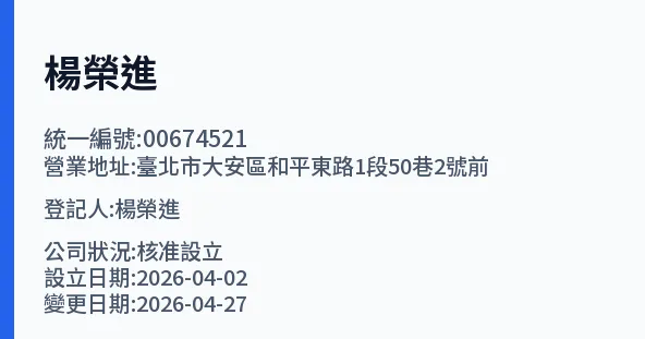 楊榮進的照片-統編 00674521(臺北市) 公司登記資料與營業項目詳細圖表