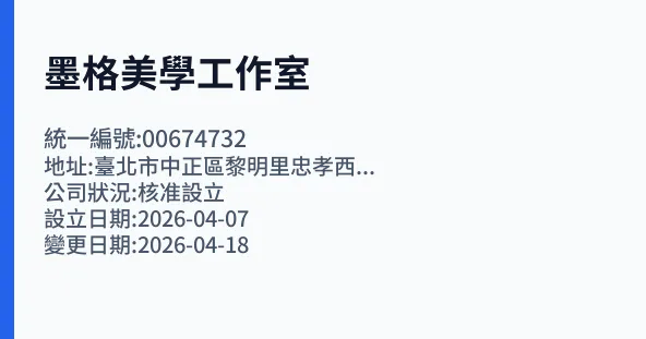 墨格美學工作室的照片-統編 00674732(臺北市) 公司登記資料與營業項目詳細圖表