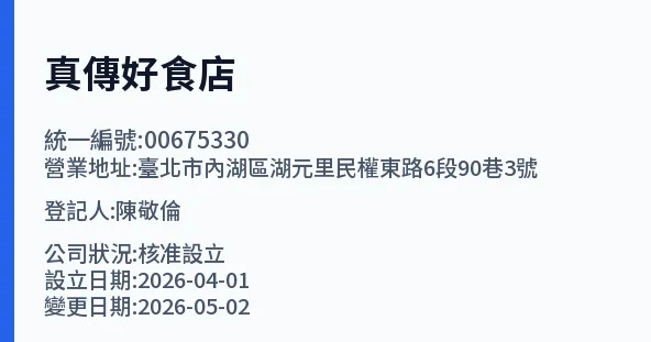 真傳好食店的照片-統編 00675330(臺北市) 公司登記資料與營業項目詳細圖表