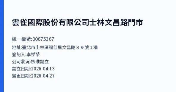 雲雀國際股份有限公司士林文昌路門市的照片-統編 00675367(臺北市) 公司登記資料與營業項目詳細圖表