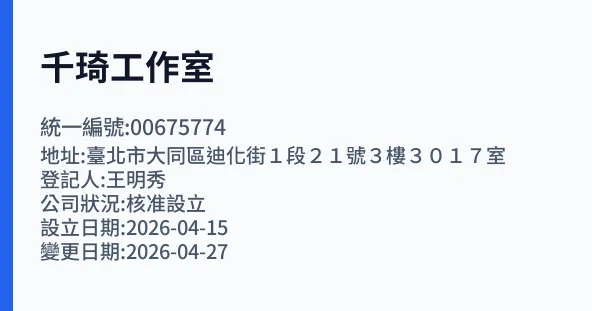 千琦工作室的照片-統編 00675774(臺北市) 公司登記資料與營業項目詳細圖表