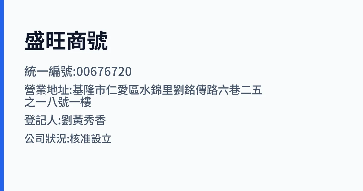 盛旺商號 - 統編 00676720(基隆市) 公司登記資料與營業項目詳細圖表