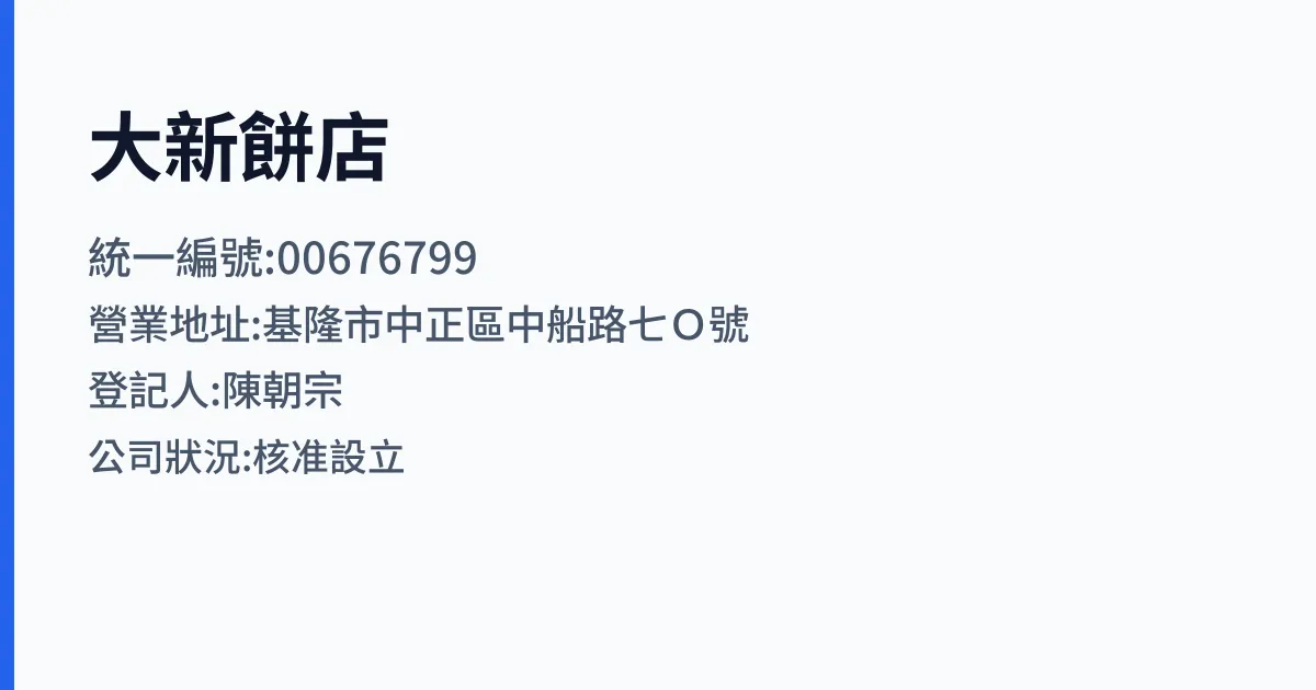 大新餅店 - 統編 00676799(基隆市) 公司登記資料與營業項目詳細圖表