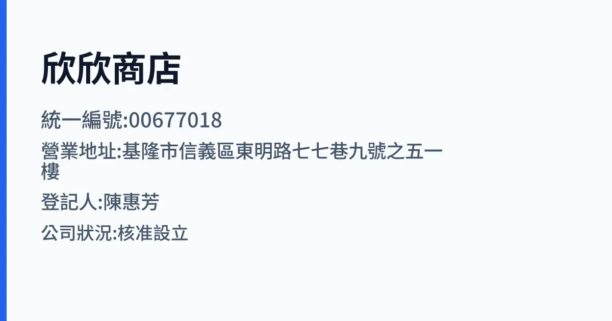 欣欣商店 - 統編 00677018(基隆市) 公司登記資料與營業項目詳細圖表