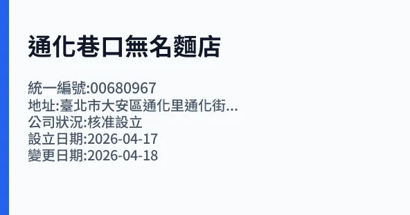 通化巷口無名麵店的照片-統編 00680967(臺北市) 公司登記資料與營業項目詳細圖表