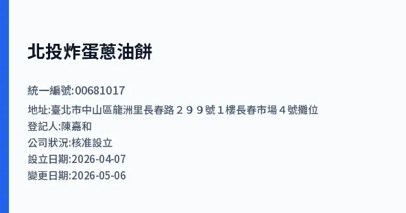 北投炸蛋蔥油餅的照片-統編 00681017(臺北市) 公司登記資料與營業項目詳細圖表