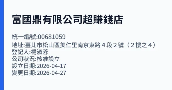 富國鼎有限公司超賺錢店的照片-統編 00681059(臺北市) 公司登記資料與營業項目詳細圖表
