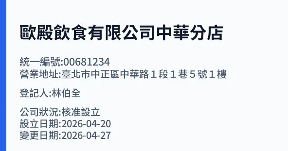 歐殿飲食有限公司中華分店的照片-統編 00681234(臺北市) 公司登記資料與營業項目詳細圖表
