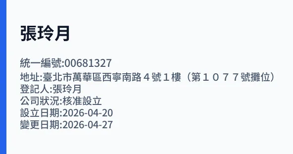 張玲月的照片-統編 00681327(臺北市) 公司登記資料與營業項目詳細圖表