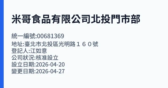 米哥食品有限公司北投門市部的照片-統編 00681369(臺北市) 公司登記資料與營業項目詳細圖表
