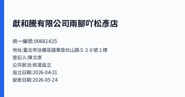 獻和騰有限公司兩腳吖松彥店的照片-統編 00681425(臺北市) 公司登記資料與營業項目詳細圖表