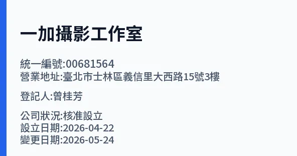 一加攝影工作室的照片-統編 00681564(臺北市) 公司登記資料與營業項目詳細圖表
