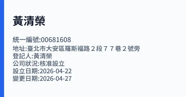 黃清榮的照片-統編 00681608(臺北市) 公司登記資料與營業項目詳細圖表