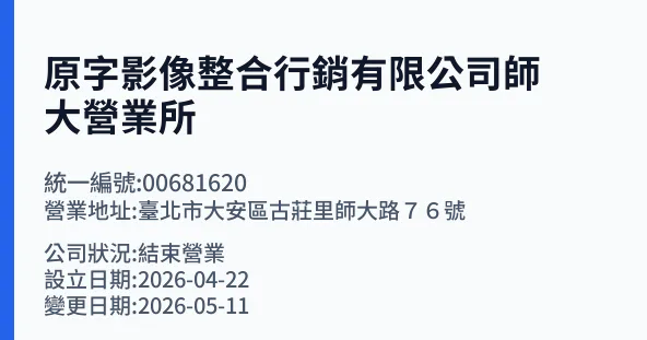 原字影像整合行銷有限公司師大營業所的照片-統編 00681620(臺北市) 公司登記資料與營業項目詳細圖表