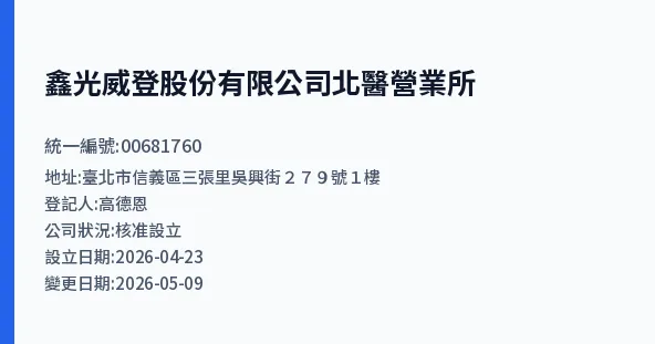 鑫光威登股份有限公司北醫營業所的照片-統編 00681760(臺北市) 公司登記資料與營業項目詳細圖表
