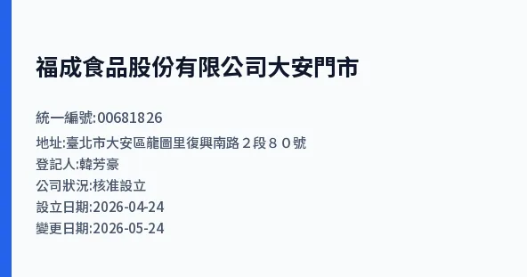 福成食品股份有限公司大安門市的照片-統編 00681826(臺北市) 公司登記資料與營業項目詳細圖表