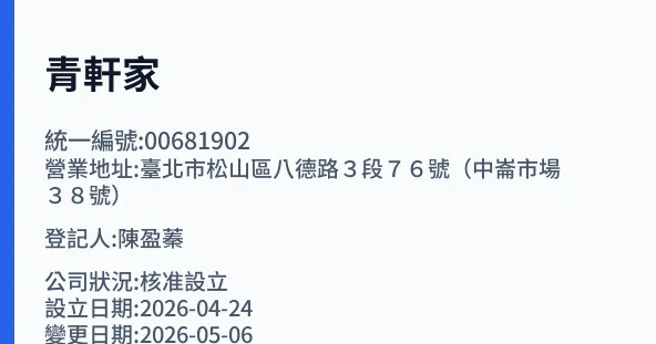 青軒家的照片-統編 00681902(臺北市) 公司登記資料與營業項目詳細圖表