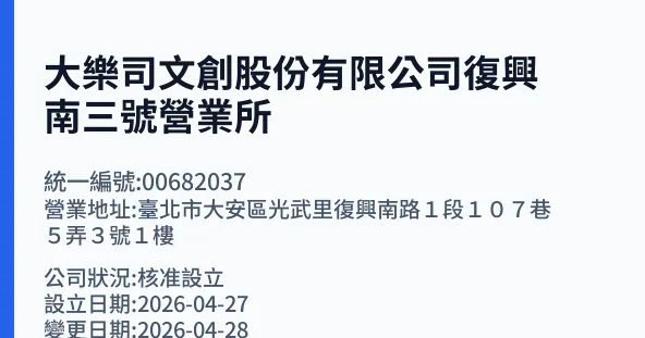 大樂司文創股份有限公司復興南三號營業所的照片-統編 00682037(臺北市) 公司登記資料與營業項目詳細圖表