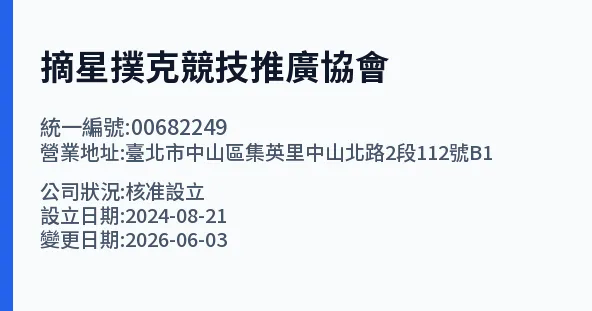 摘星撲克競技推廣協會的照片-統編 00682249 公司登記資料與營業項目詳細圖表
