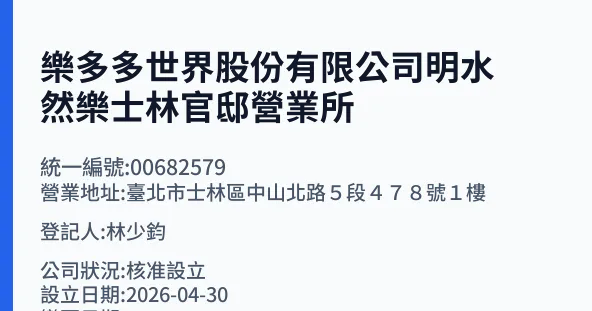 樂多多世界股份有限公司明水然樂士林官邸營業所的照片-統編 00682579(臺北市) 公司登記資料與營業項目詳細圖表
