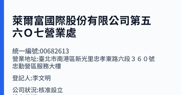 萊爾富國際股份有限公司第五六Ｏ七營業處的照片-統編 00682613(臺北市) 公司登記資料與營業項目詳細圖表
