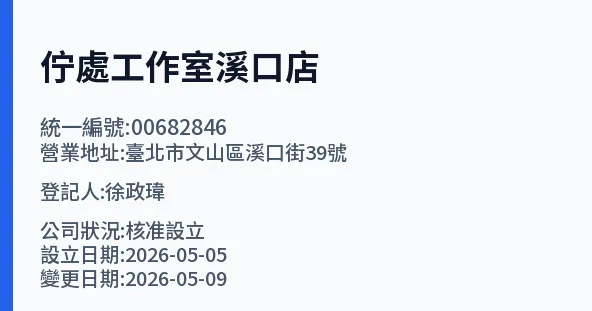 佇處工作室溪口店的照片-統編 00682846(臺北市) 公司登記資料與營業項目詳細圖表