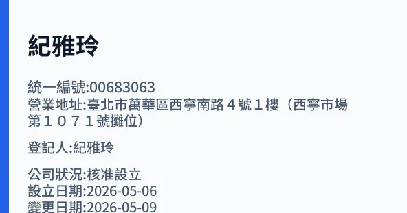 紀雅玲的照片-統編 00683063(臺北市) 公司登記資料與營業項目詳細圖表